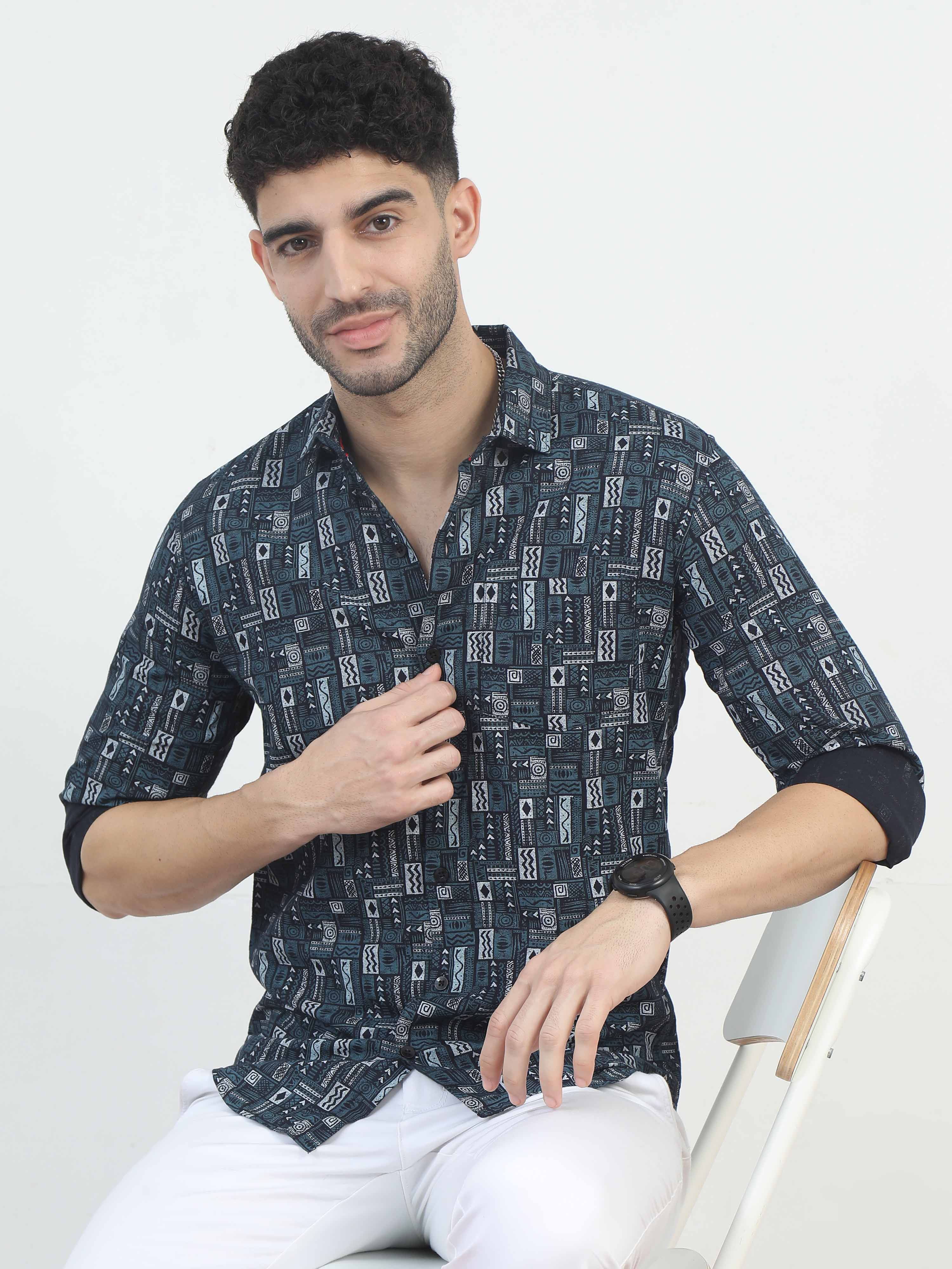 Shop Rectangle Printed Blue Cotton Shirt Online India