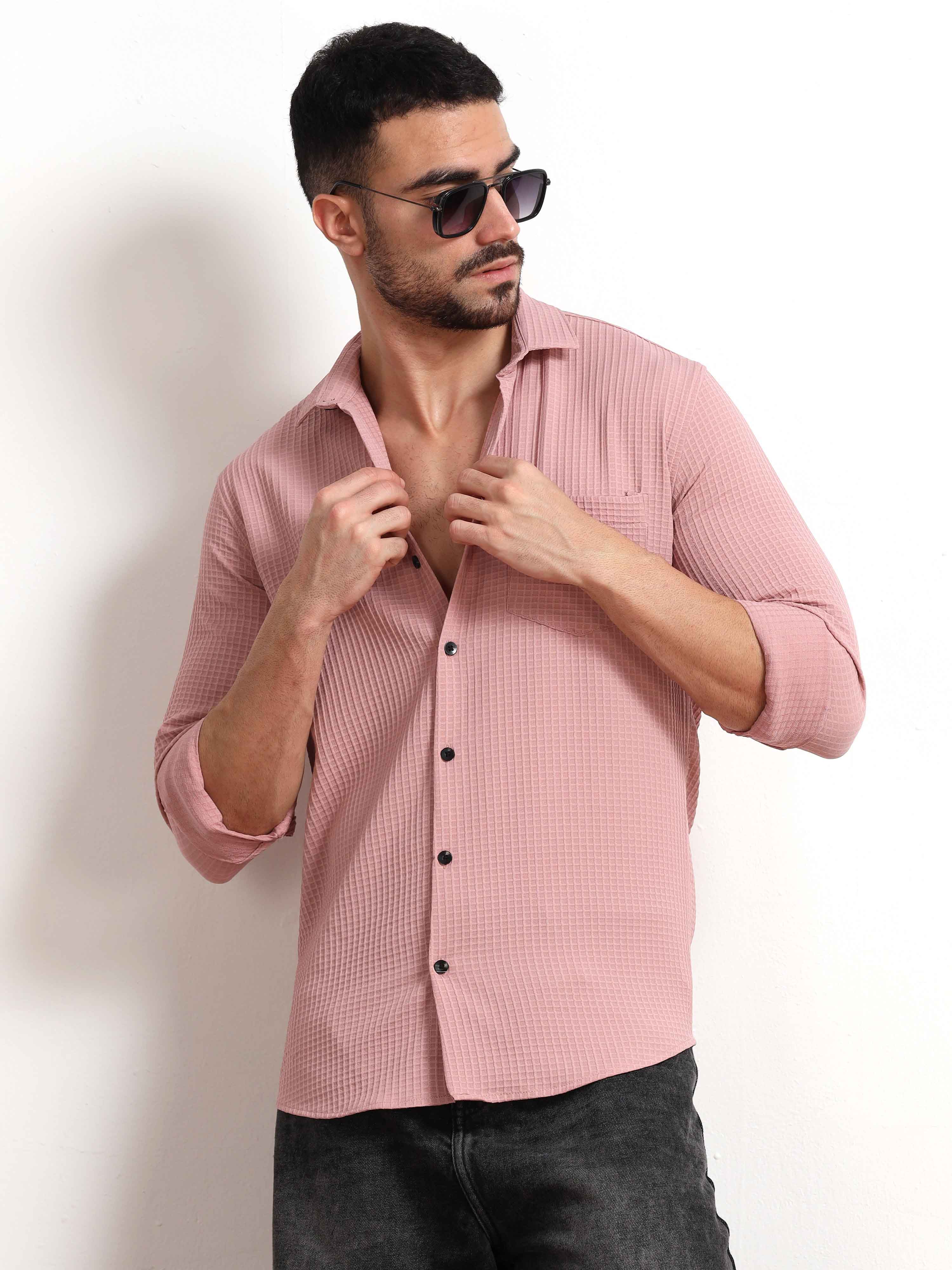 Shop Peach Waffle Textured Men's Popcorn Shirt Online